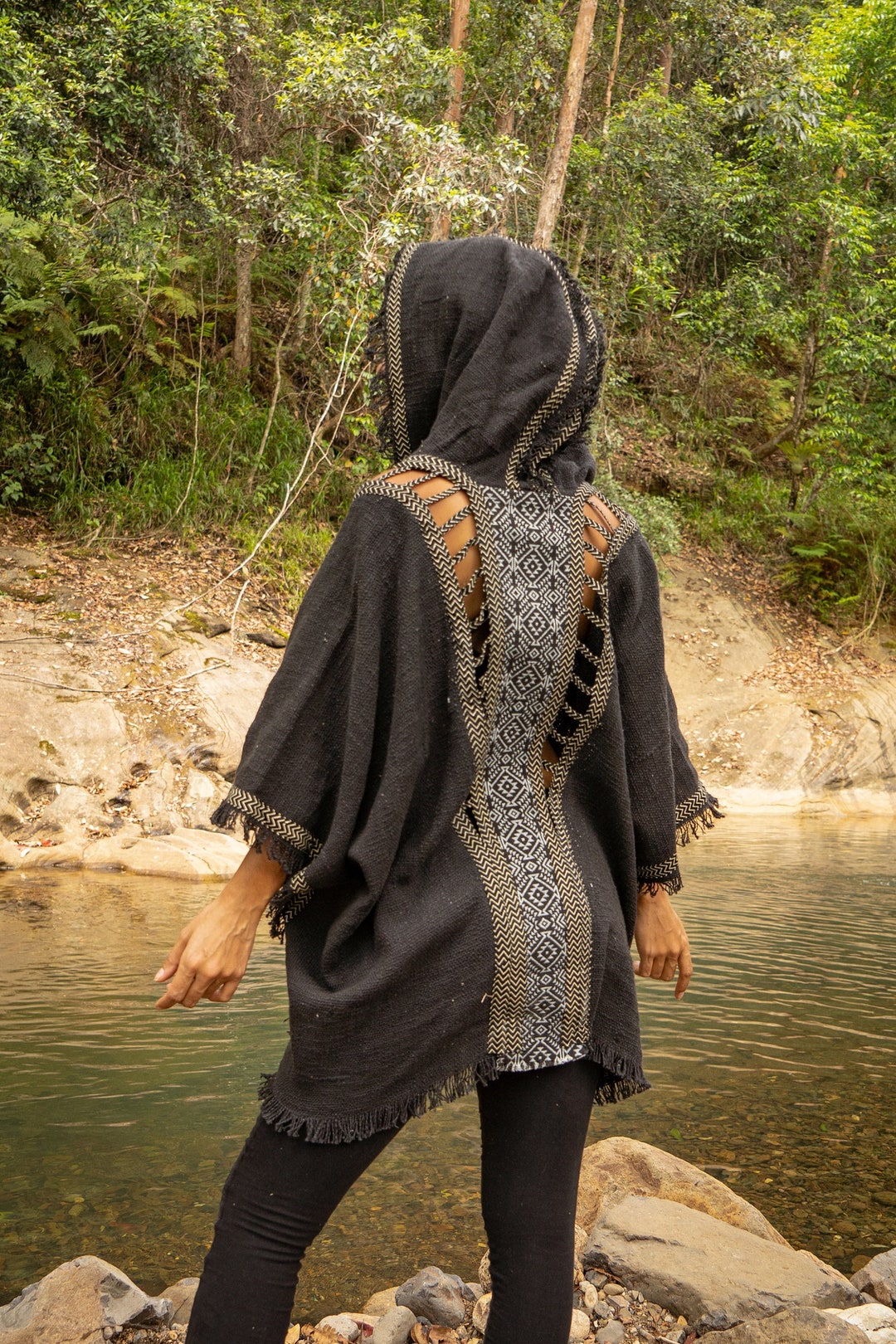 WIZARD Womens Black Hooded Kimono Vest Tribal Ritual Ceremony Shamanic ...