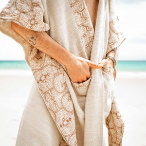 AYAWA Beige Hooded Kimono Cape Poncho Robe Shipibo Sacred Patterns ...