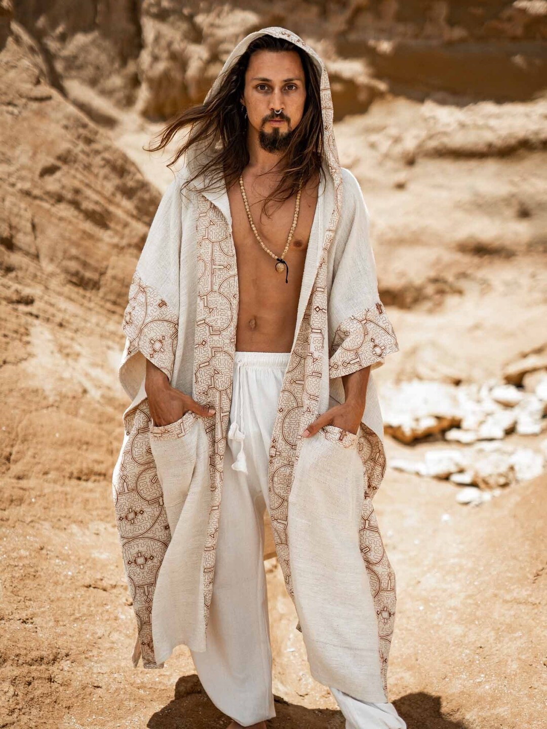 AYAWA Beige Hooded Kimono Cape Poncho Robe Shipibo Sacred Patterns ...