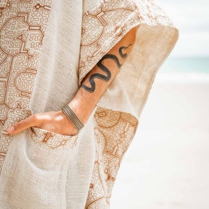 AYAWA Beige Hooded Kimono Cape Poncho Robe Shipibo Sacred Patterns ...