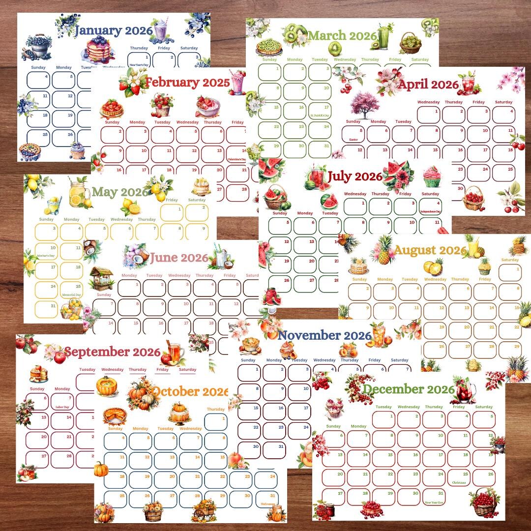 Fruit Calendars, Printable Calendar, 2026 Calendars, Watercolor ...