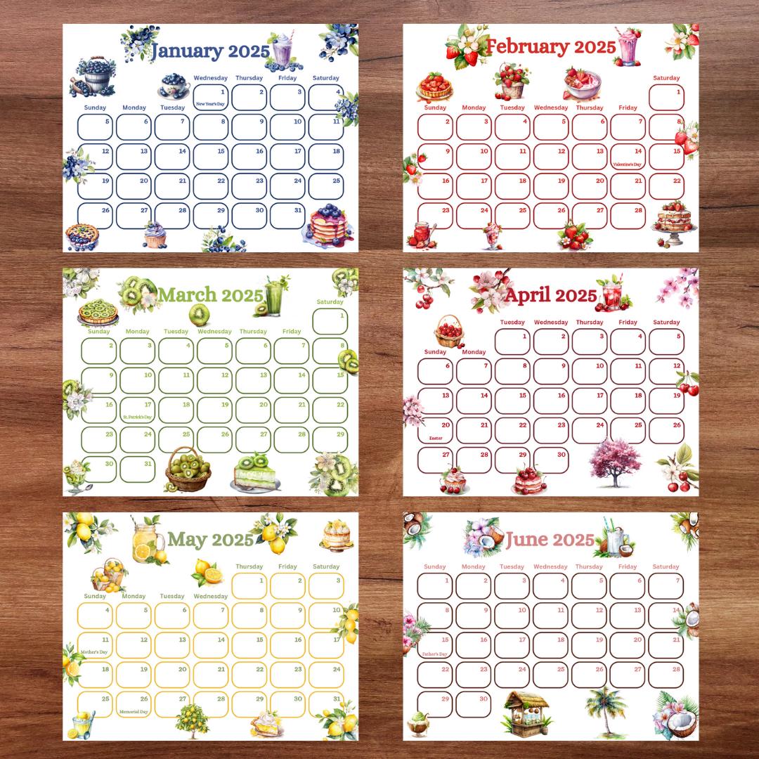 Fruit Calendars, Printable Calendar, 2025 Calendars, Watercolor ...