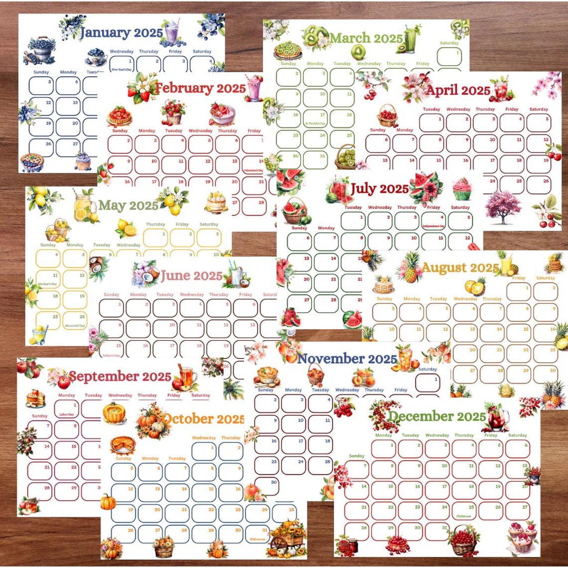 Fruit Calendars, Printable Calendar, 2025 Calendars, Watercolor ...