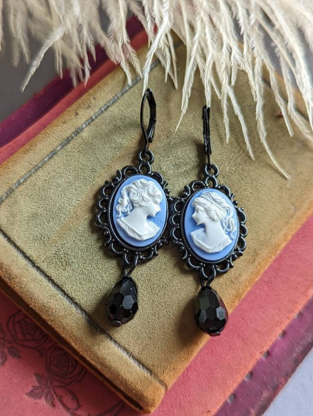 Blue Lady Cameo Portrait Earrings, Gothic Victorian Jewelry, Antique ...