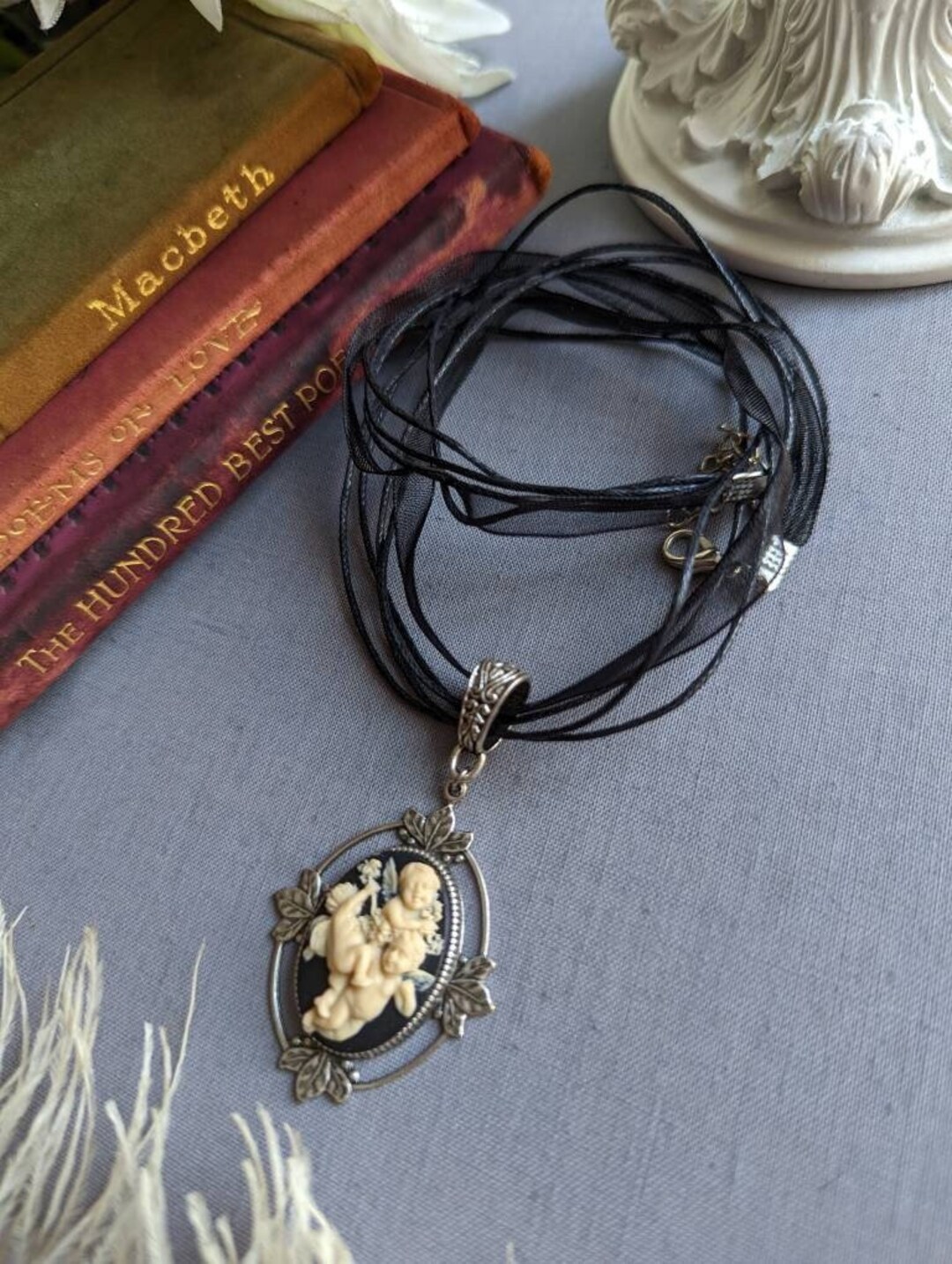 Angel Necklace Cherub Cameo Pendant Ribbon Choker Victorian - Etsy