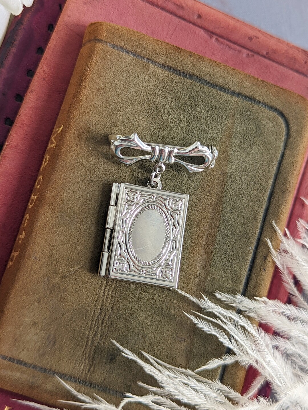 Silver Book Locket Brooch: Bridal Bouquet Memory Pin, Book Lover Gift ...