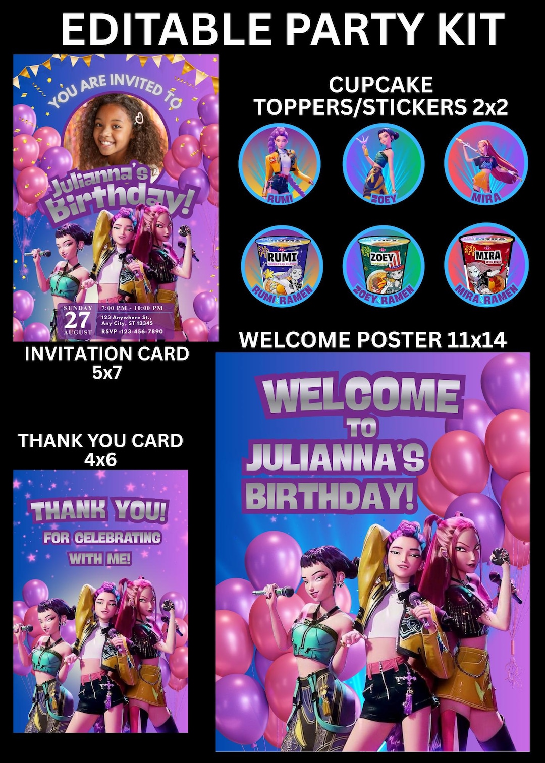 Kpop Huntrix Birthday Party Kit | Invitation, Sign, Card, Toppers ...