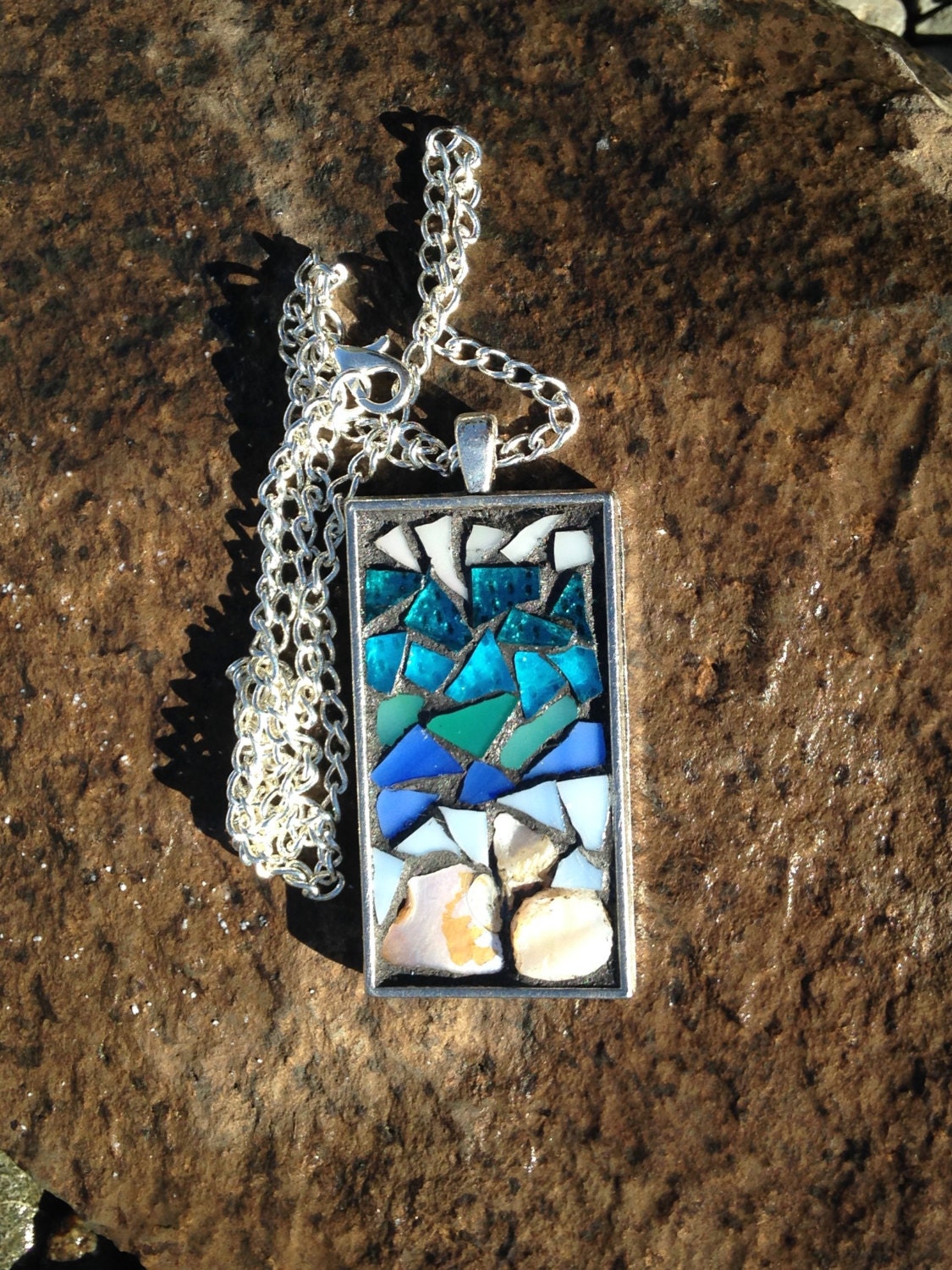 Turquoise Necklace - Abalone and Glass Mosaic Pendant Necklace - Mosaic ...