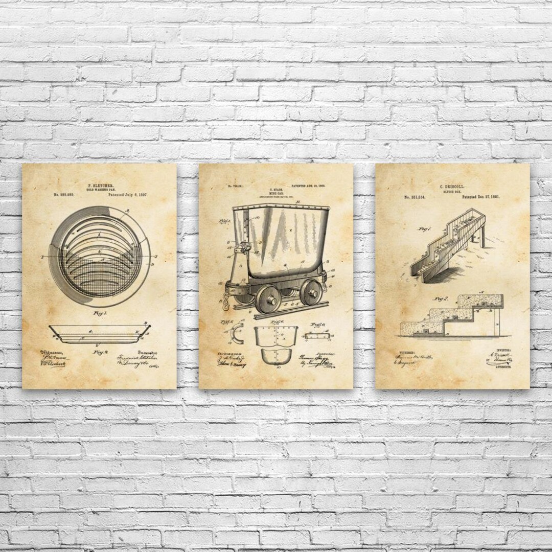 Gold Mining Patent Wall Art Set of 3 | Poster, Canvas or Framed ...