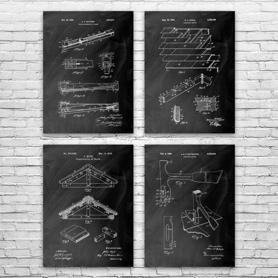 Roofing Patent Posters Set of 4, Roofer Gifts, Industrial Art ...