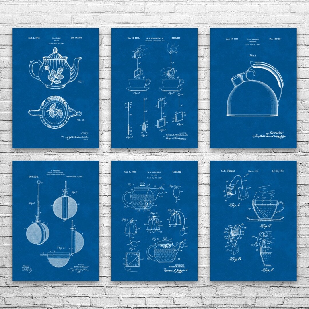 Tea Patent Posters Set of 6, Tea House Art, Teapot Design, Teapot Wall ...