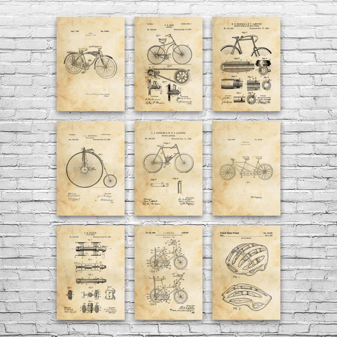 Bicycle Patent Wall Art Set of 9: Sports Gifts, Garage Art - Etsy