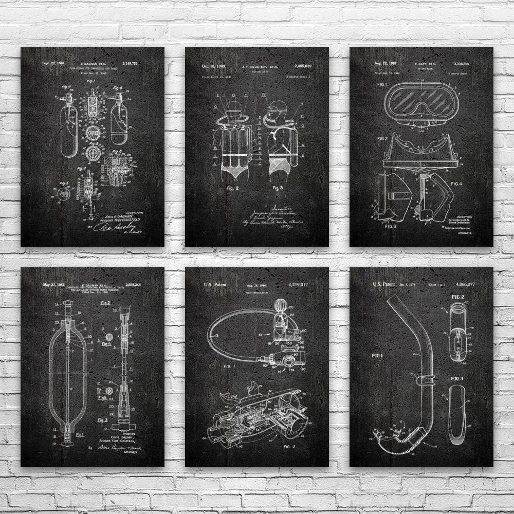 Scuba Diving Patent Wall Art Set of 6: Swimming Gifts, Diving Art - Etsy