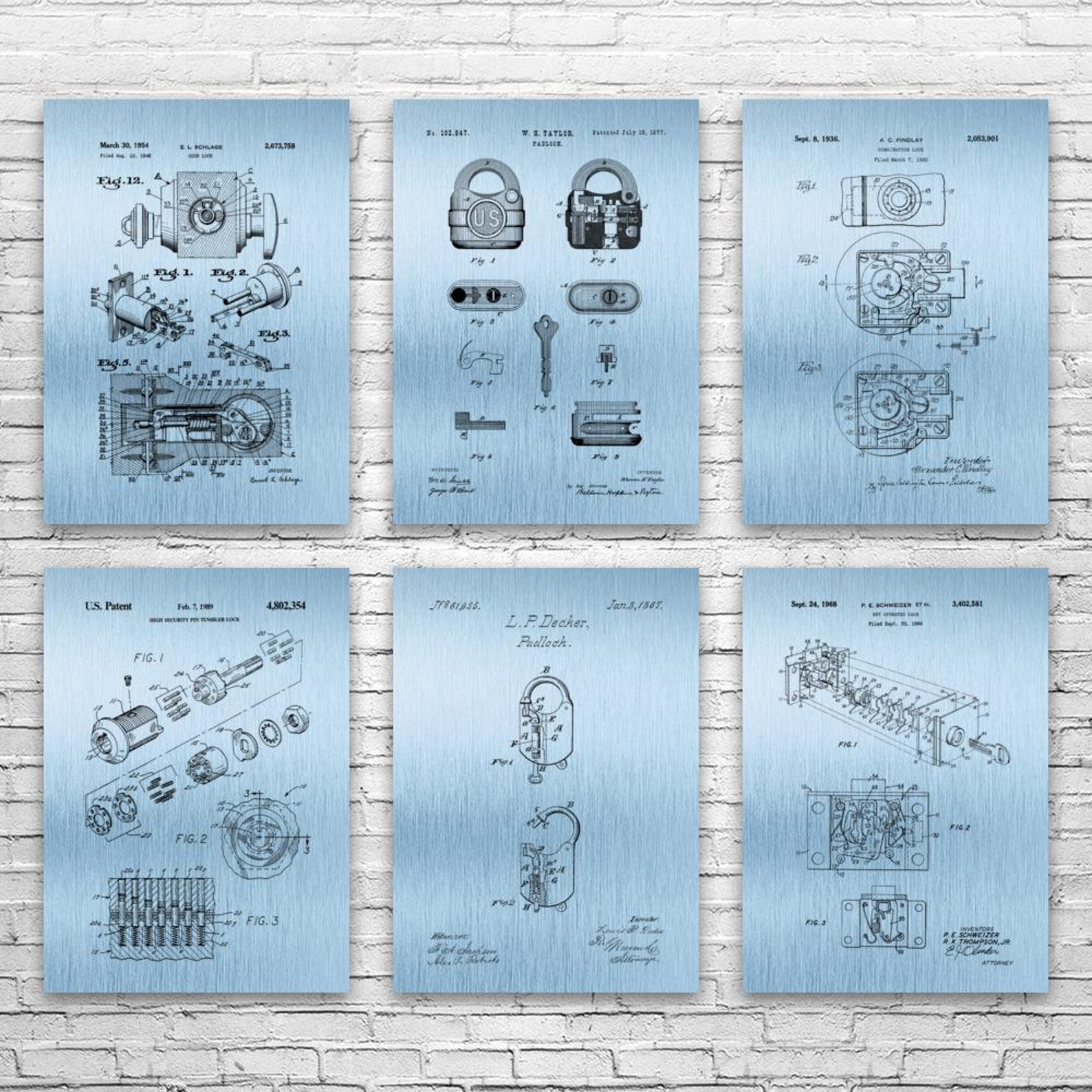 Lock Patent Posters Set of 6, Locksmith Gift, Lock Blueprint ...