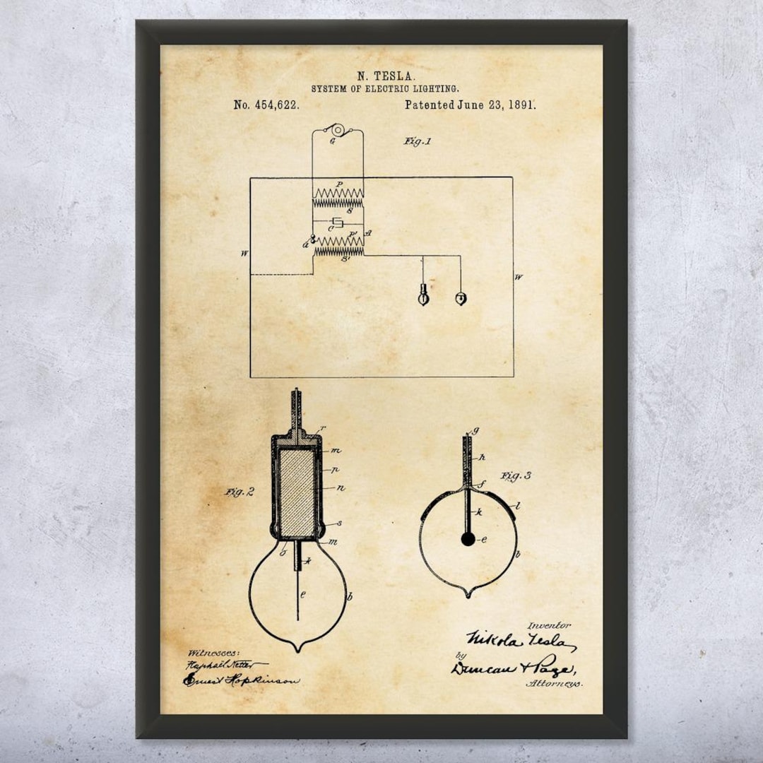 Nikola Tesla Light Bulb Patent Art Print: Light Bulb Wall Art, Tesla ...