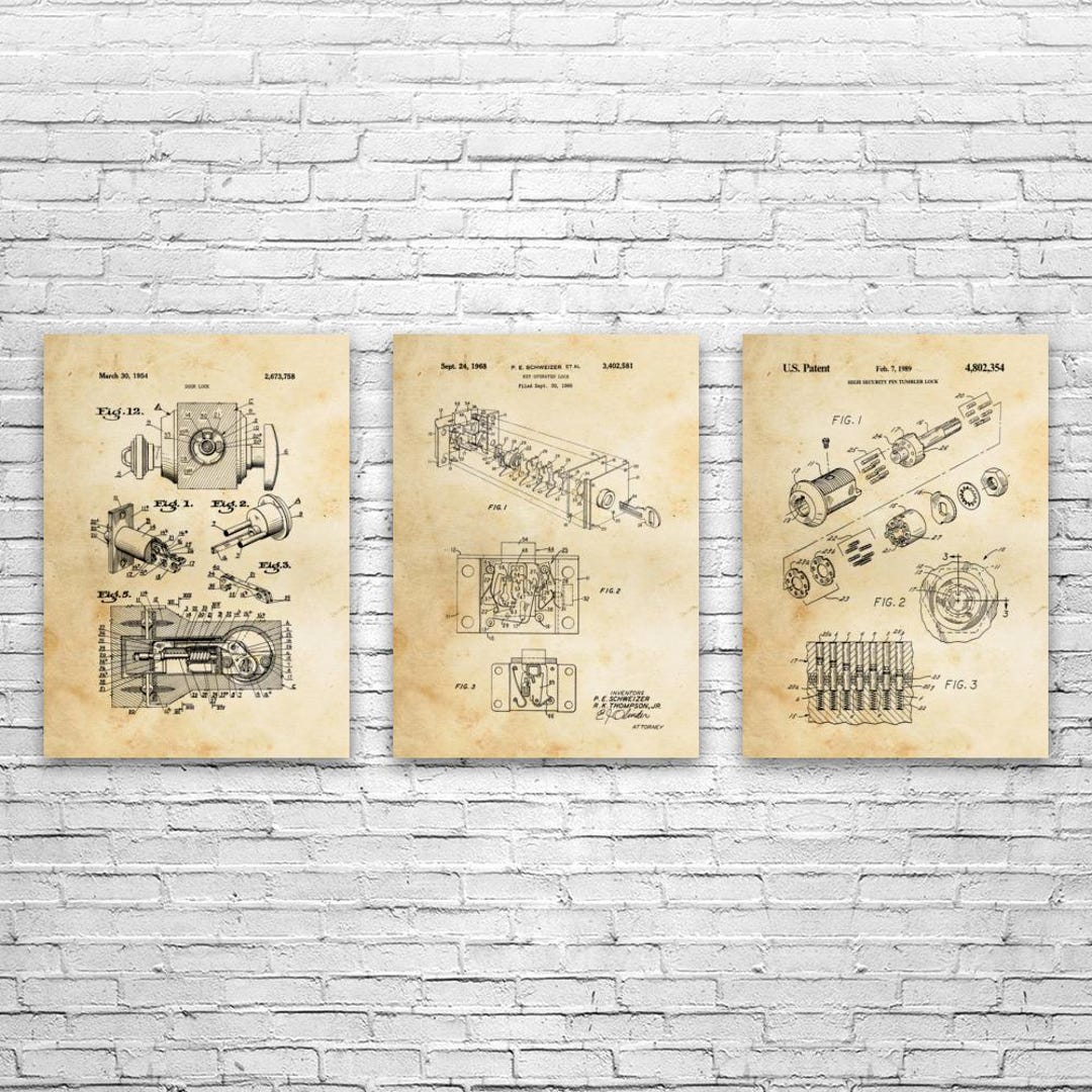 Lock Patent Wall Art Set of 3 | Poster, Canvas or Framed | Locksmith ...