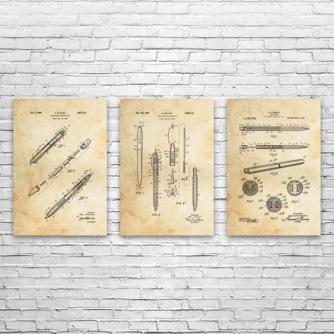 Pen & Pencil Patent Wall Art Set of 3 | Poster, Canvas or Framed ...