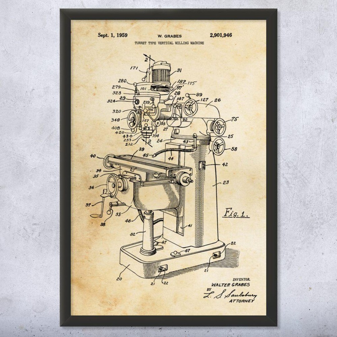 Vertical Milling Machine Patent Wall Art | Poster, Canvas or Framed ...