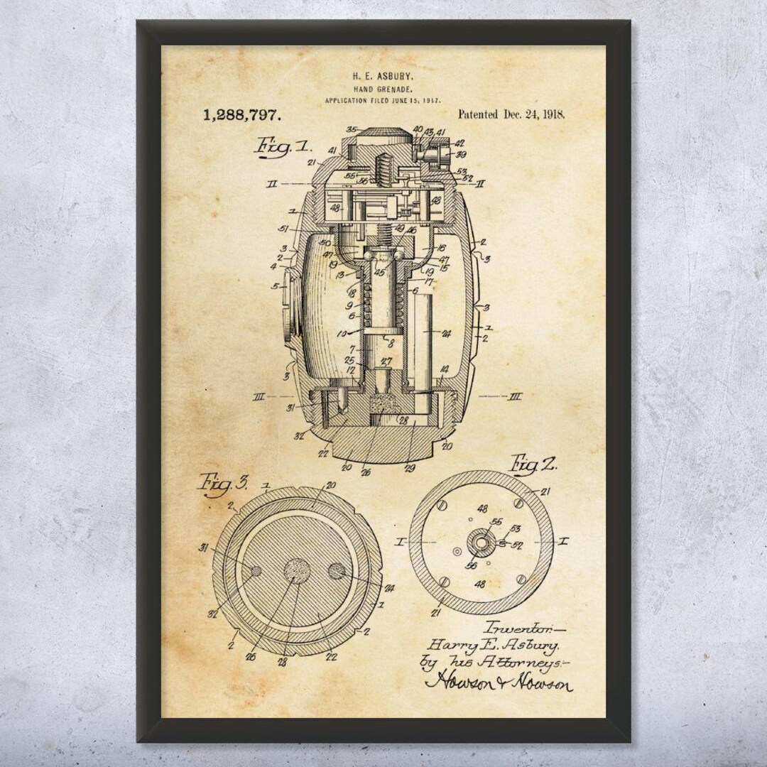 Hand Grenade Patent Wall Art Poster, Canvas or Framed EOD Technician ...