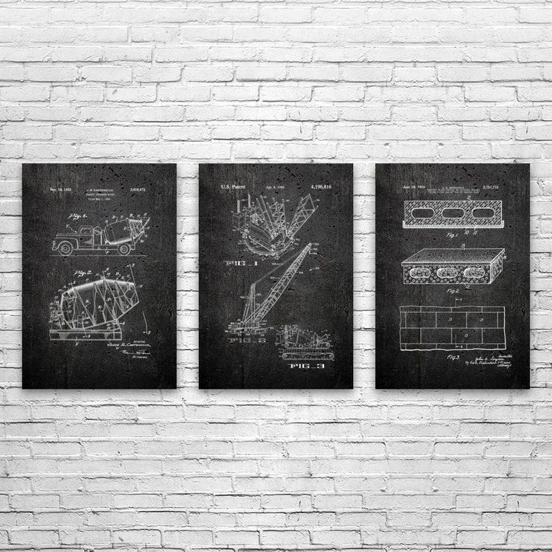 Construction Patent Wall Art Set of 3: Construction Worker, Contractor ...