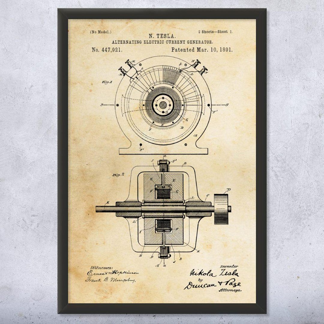 Nikola Tesla AC Current Generator Patent Wall Art | Poster, Canvas or ...