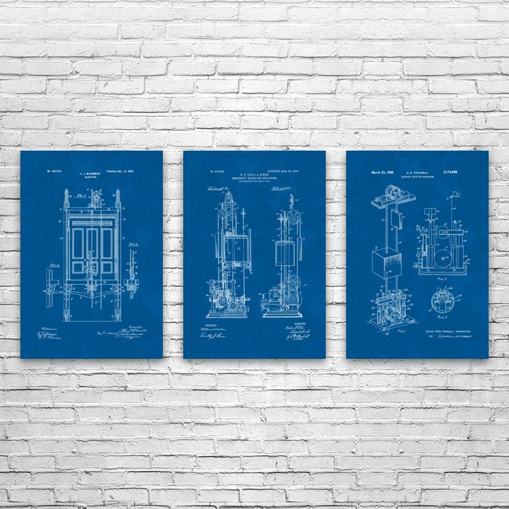 Elevator Patent Wall Art Set of 3: Mechanical Wall Art, Industrial ...