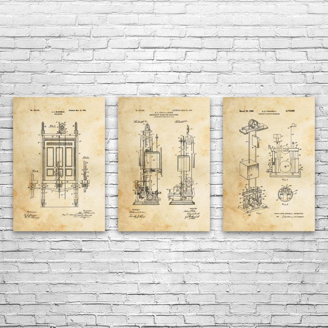 Elevator Patent Wall Art Set of 3: Mechanical Wall Art, Industrial ...