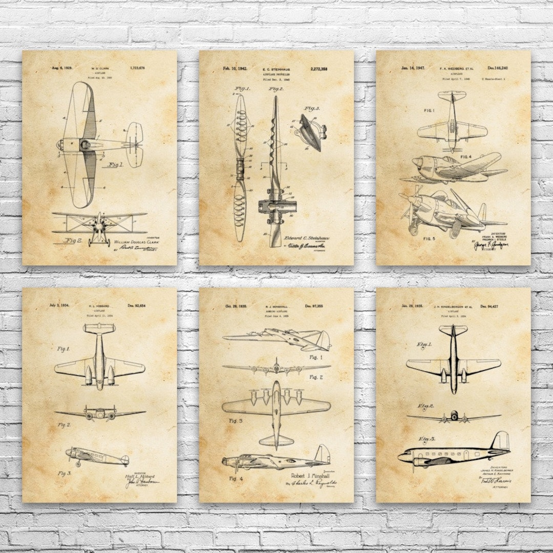 Airplane Patent Posters Set of 6, Flight Instructor, Pilot Gift ...