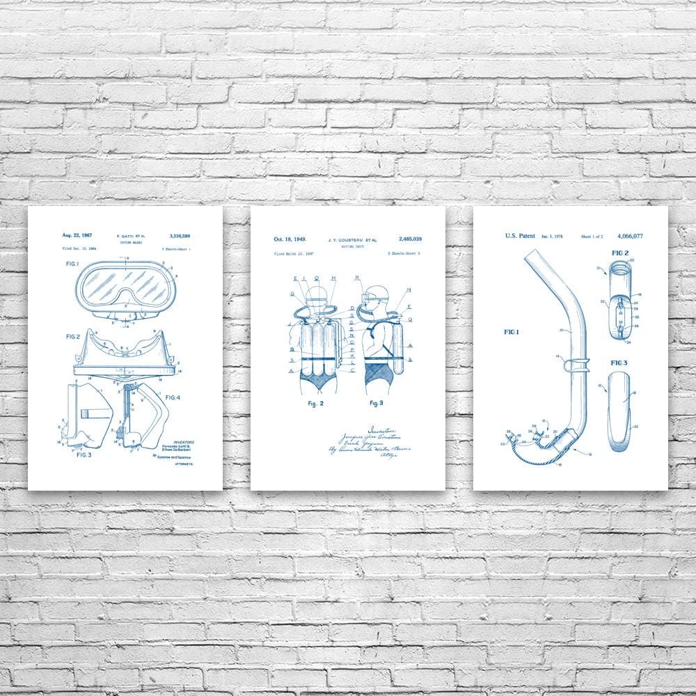 Scuba Diving Patent Wall Art Set of 3: Swimming Gifts, Diving Art - Etsy