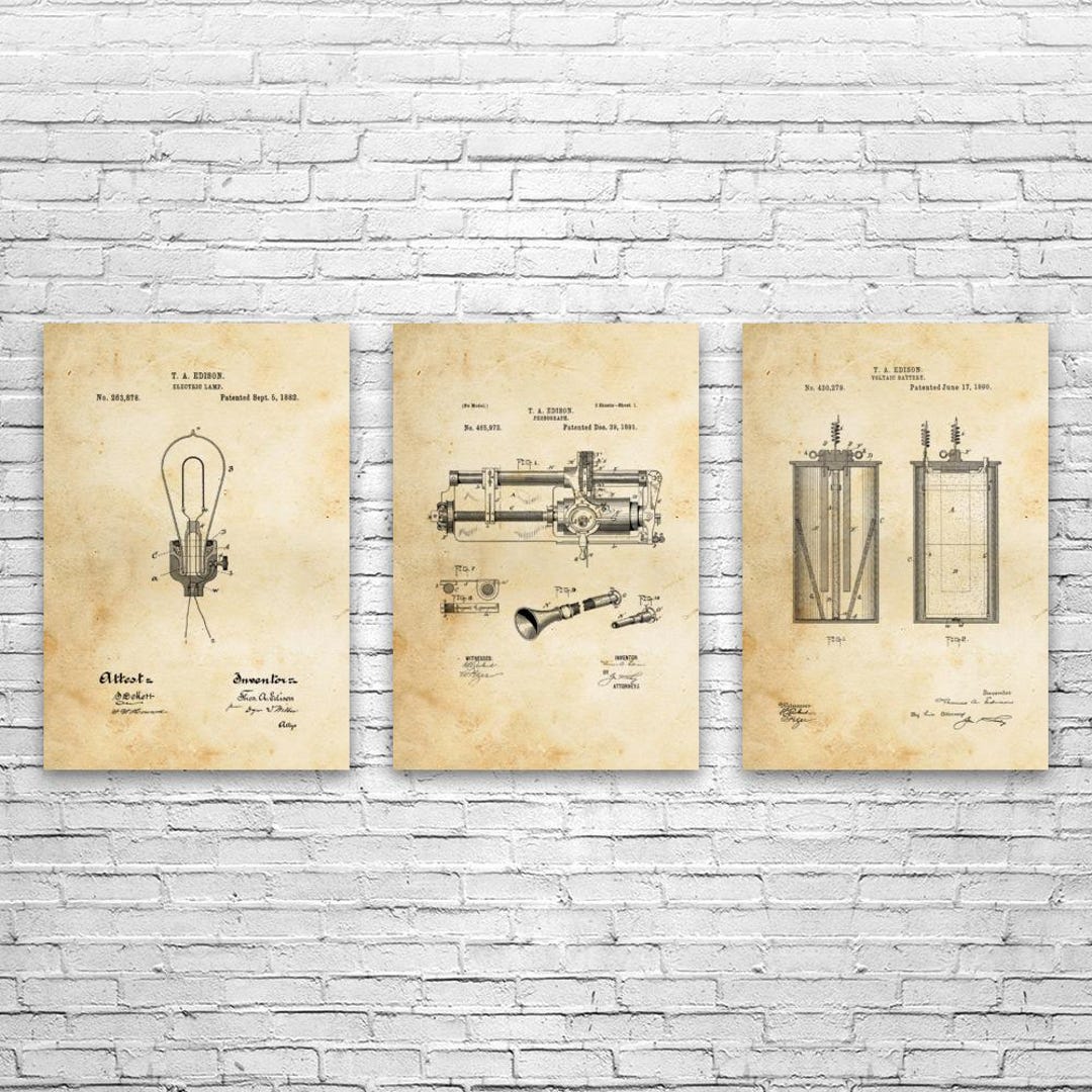 Thomas Edison Patent Wall Art Set of 3 | Poster, Canvas or Framed ...