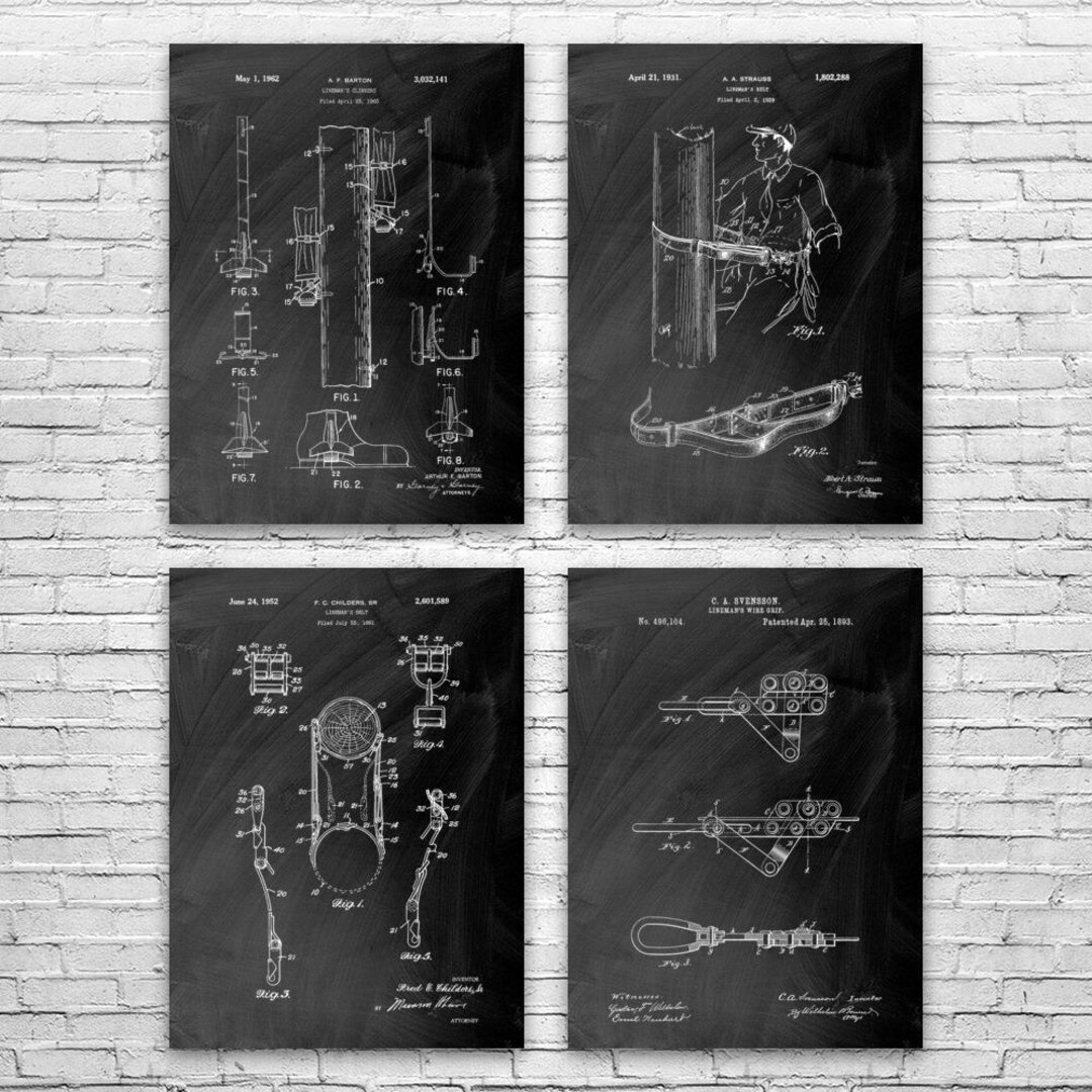 Lineman Patent Wall Art Set of 4 | Poster, Canvas or Framed ...