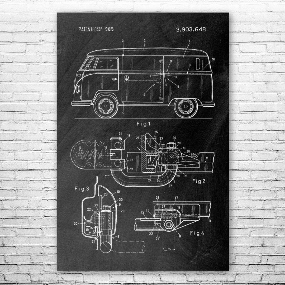Hippie Bus Poster Print, Van Blueprint, Garage Decor, Classic Car Art ...