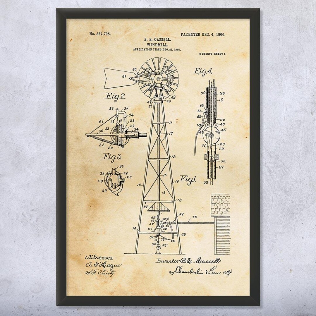 Windmill Patent Wall Art Poster, Canvas or Framed Farmer Gift, Wind ...