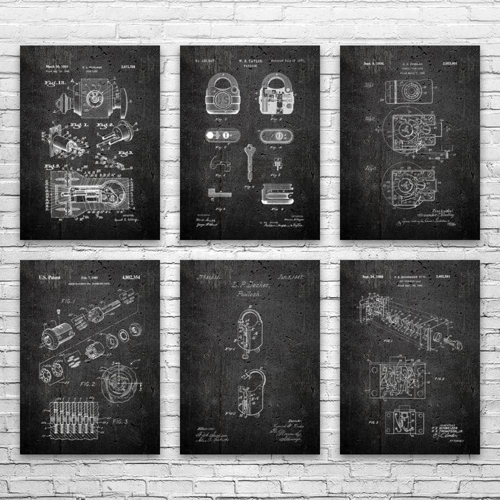 Lock Patent Posters Set of 6, Locksmith Gift, Lock Blueprint ...