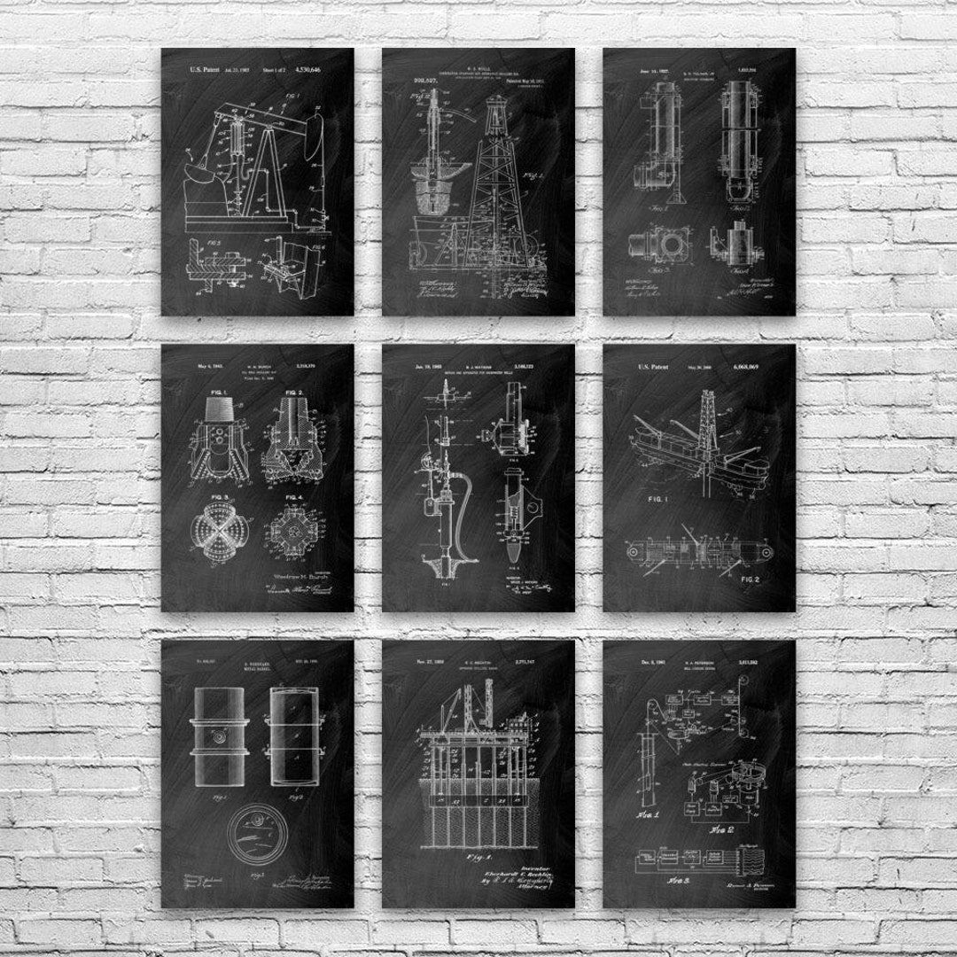 Oil Drilling Patent Posters Set of 9, Rig Worker, Oil Industry Art ...