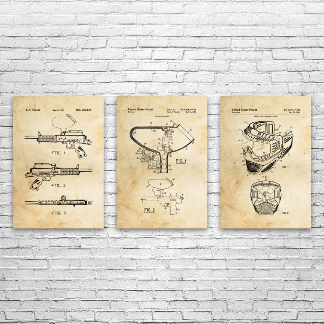 Paintball Patent Wall Art Set of 3 Poster, Canvas or Framed Paintball ...