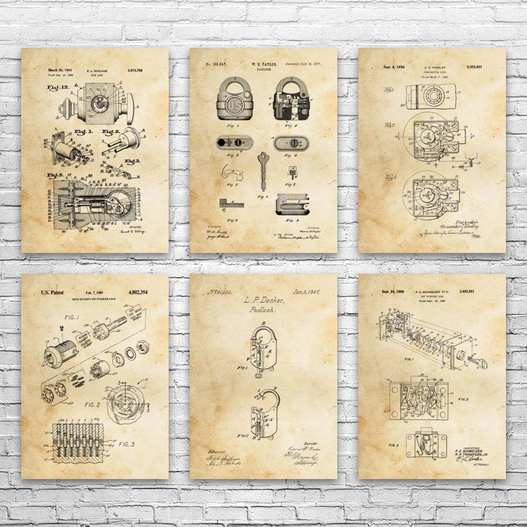 Lock Patent Posters Set of 6, Locksmith Gift, Lock Blueprint ...