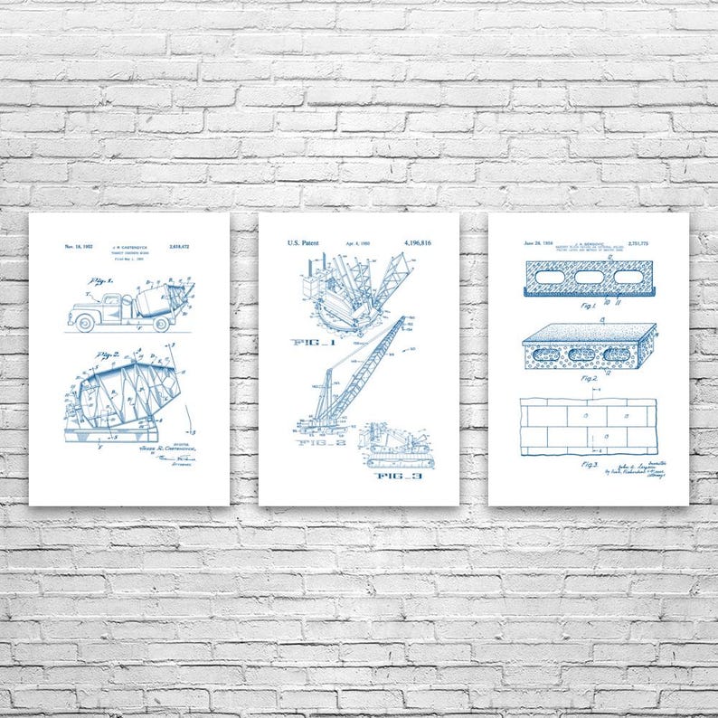 Construction Patent Wall Art Set of 3: Construction Worker, Contractor ...