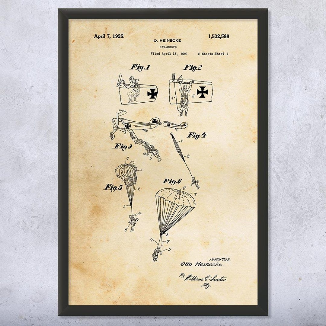 WW1 Fighter Plane Parachute Patent Art Print: Skydiving Gifts, Man Cave ...