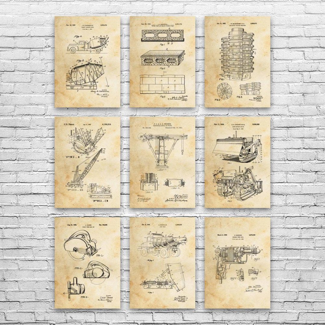 Construction Patent Wall Art Set of 9 | Poster, Canvas or Framed ...