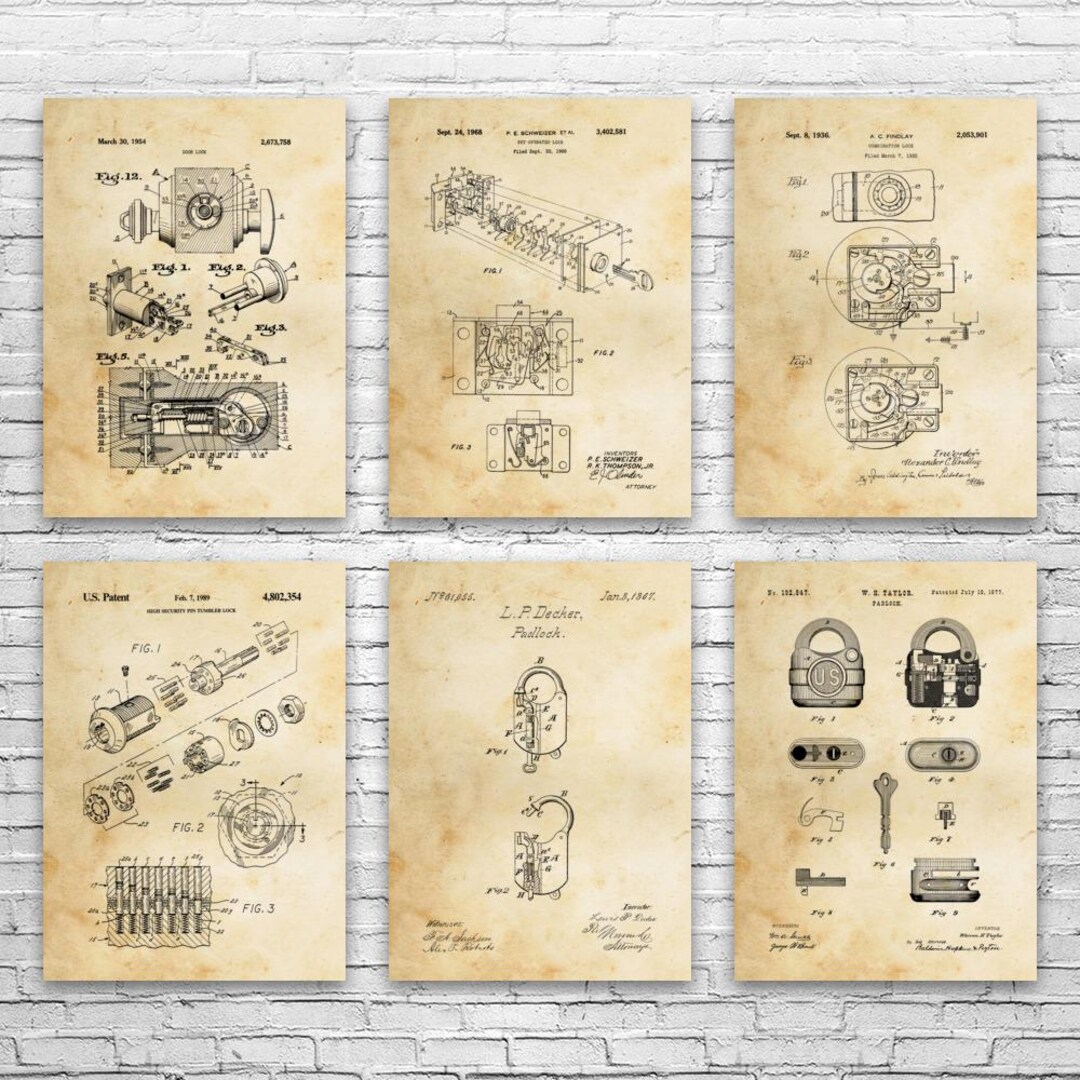 Lock Patent Wall Art Set of 6 | Poster, Canvas or Framed | Locksmith ...