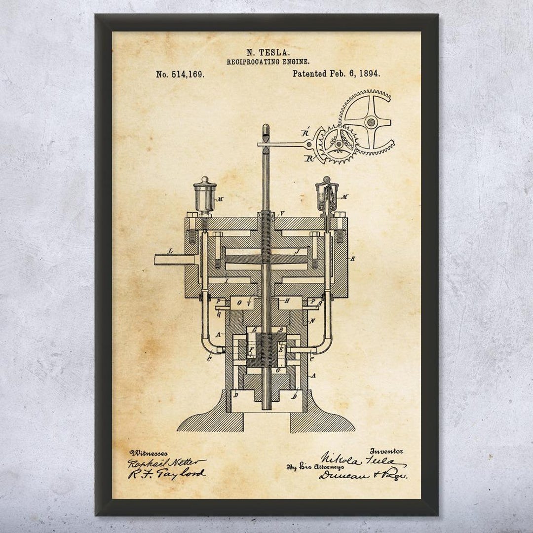 Nikola Tesla Reciprocating Engine Patent Wall Art Poster, Canvas or ...