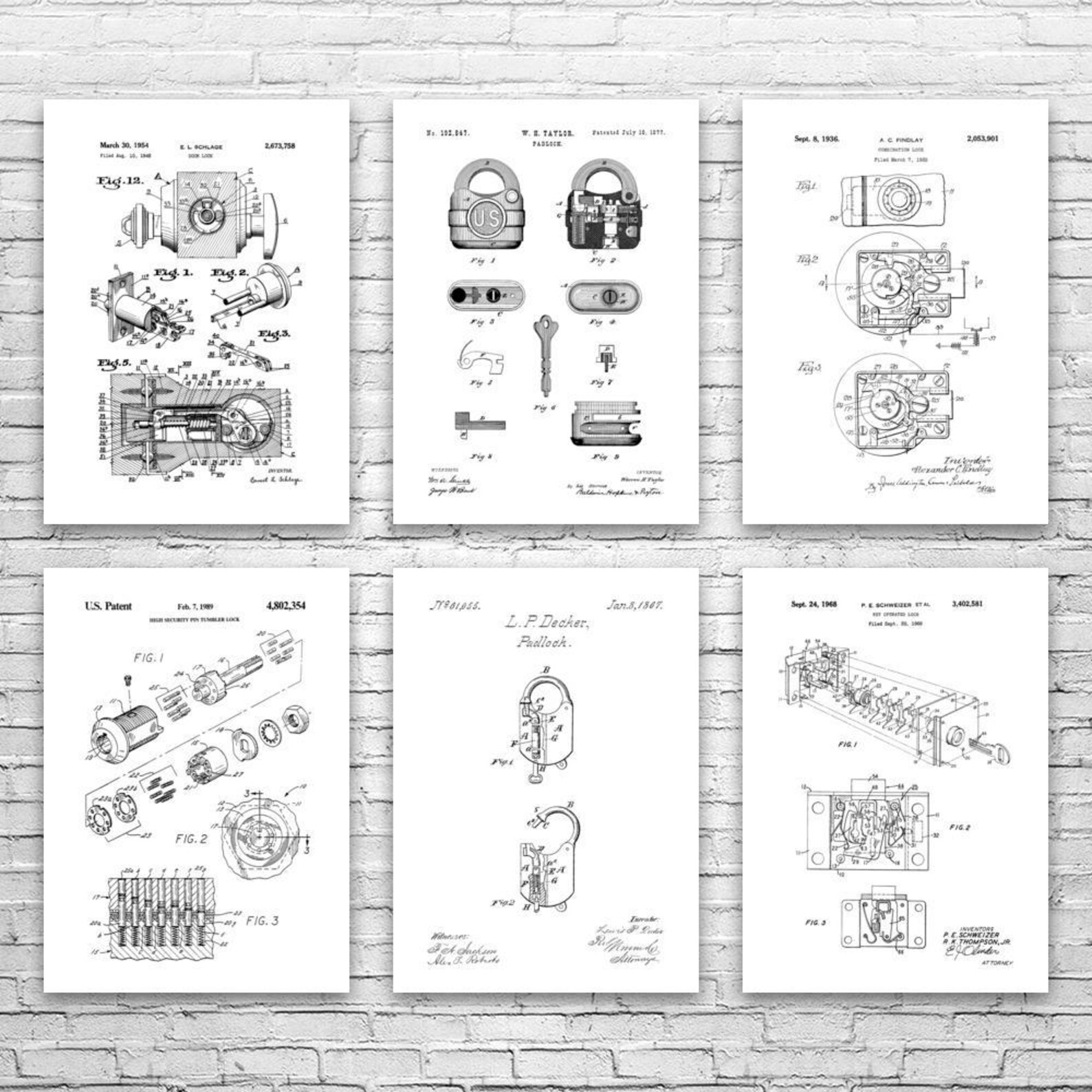 Lock Patent Posters Set of 6, Locksmith Gift, Lock Blueprint ...