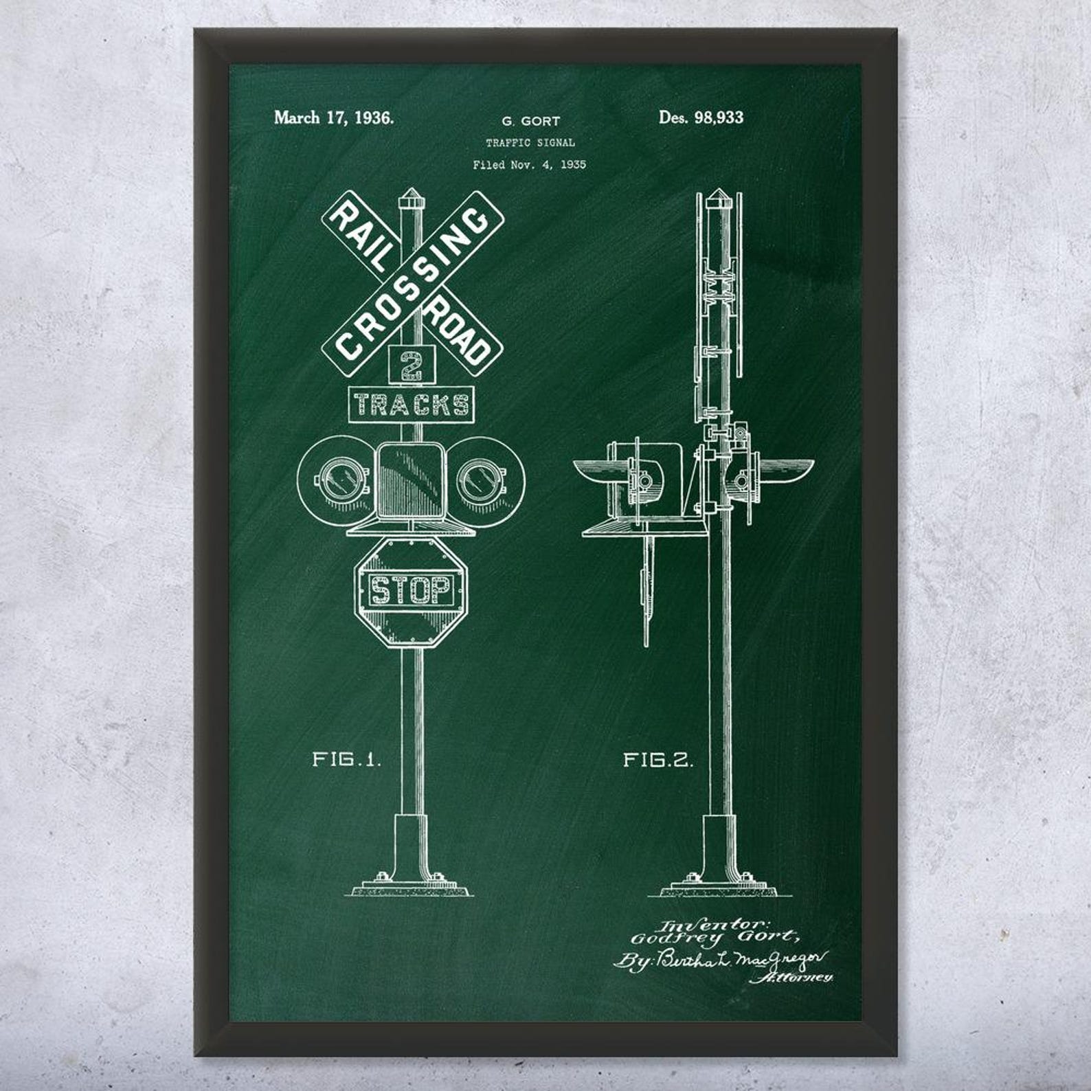 Framed Railroad Crossing Signal Wall Art Print, Train Station Art ...