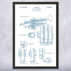 Framed Trumpet Wall Art Print, Trumpet Design, Jazz Art, Music Class ...