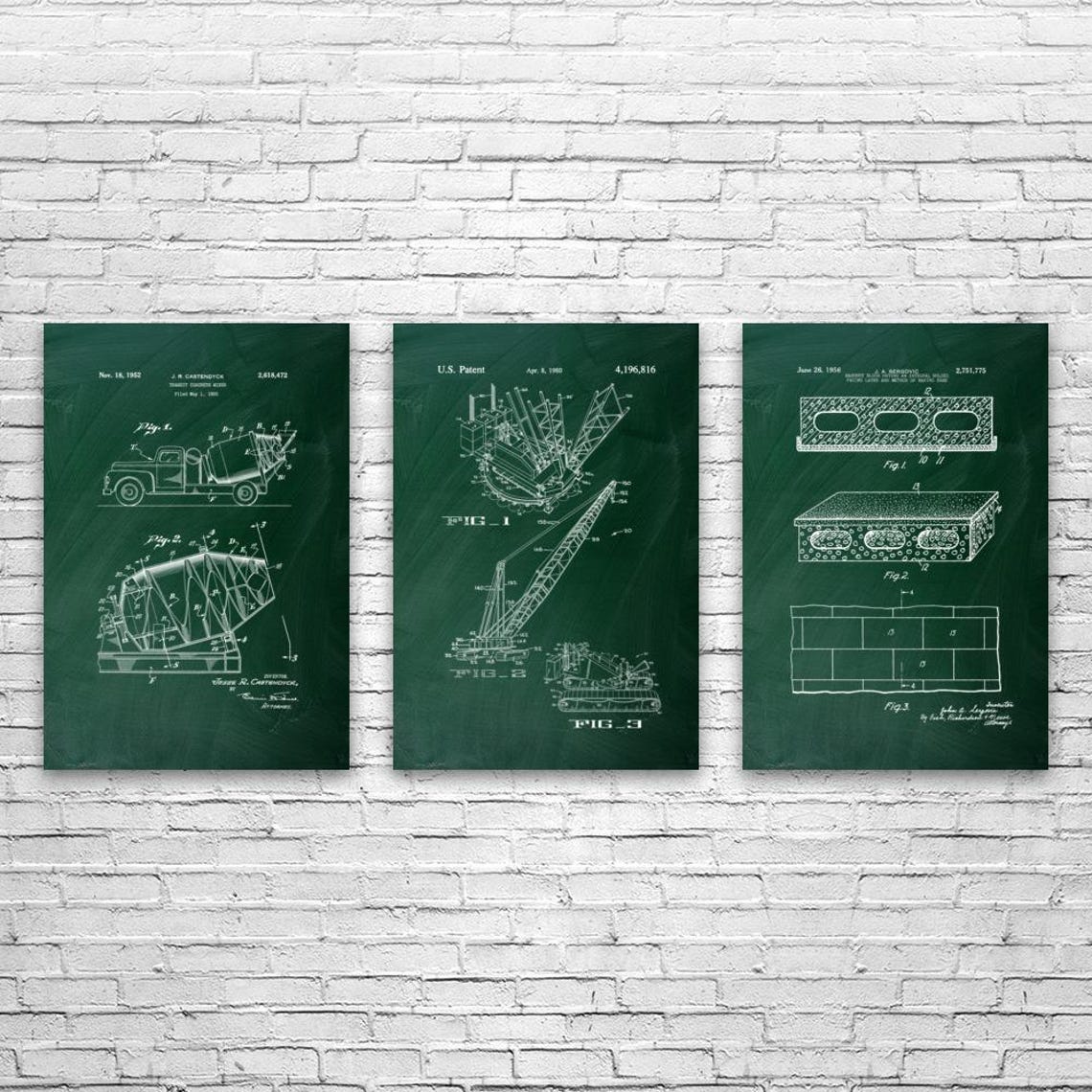 Construction Patent Wall Art Set of 3: Construction Worker, Contractor ...