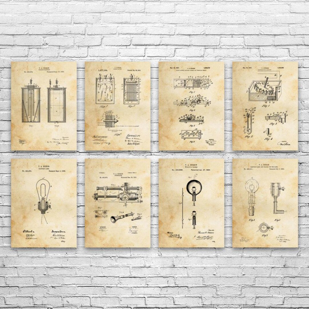 Thomas Edison Patent Wall Art Set of 8: Edison Wall Art, Engineer Gift ...