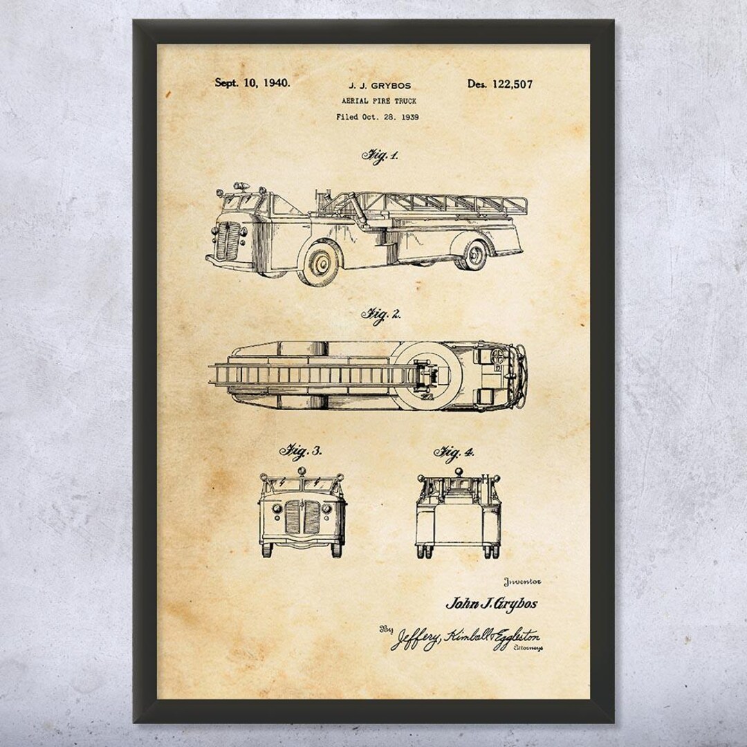 Aerial Fire Truck Patent Wall Art | Poster, Canvas or Framed | Fireman ...