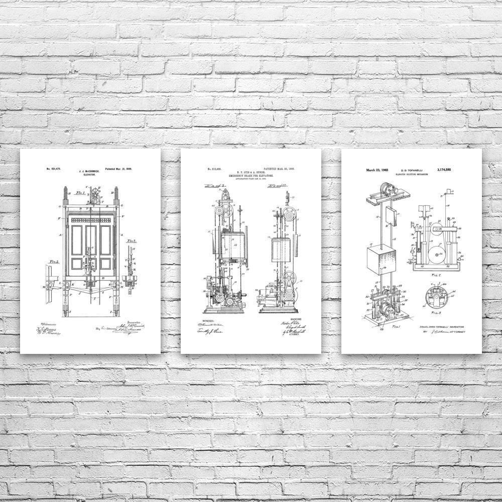 Elevator Patent Wall Art Set of 3: Mechanical Wall Art, Industrial ...