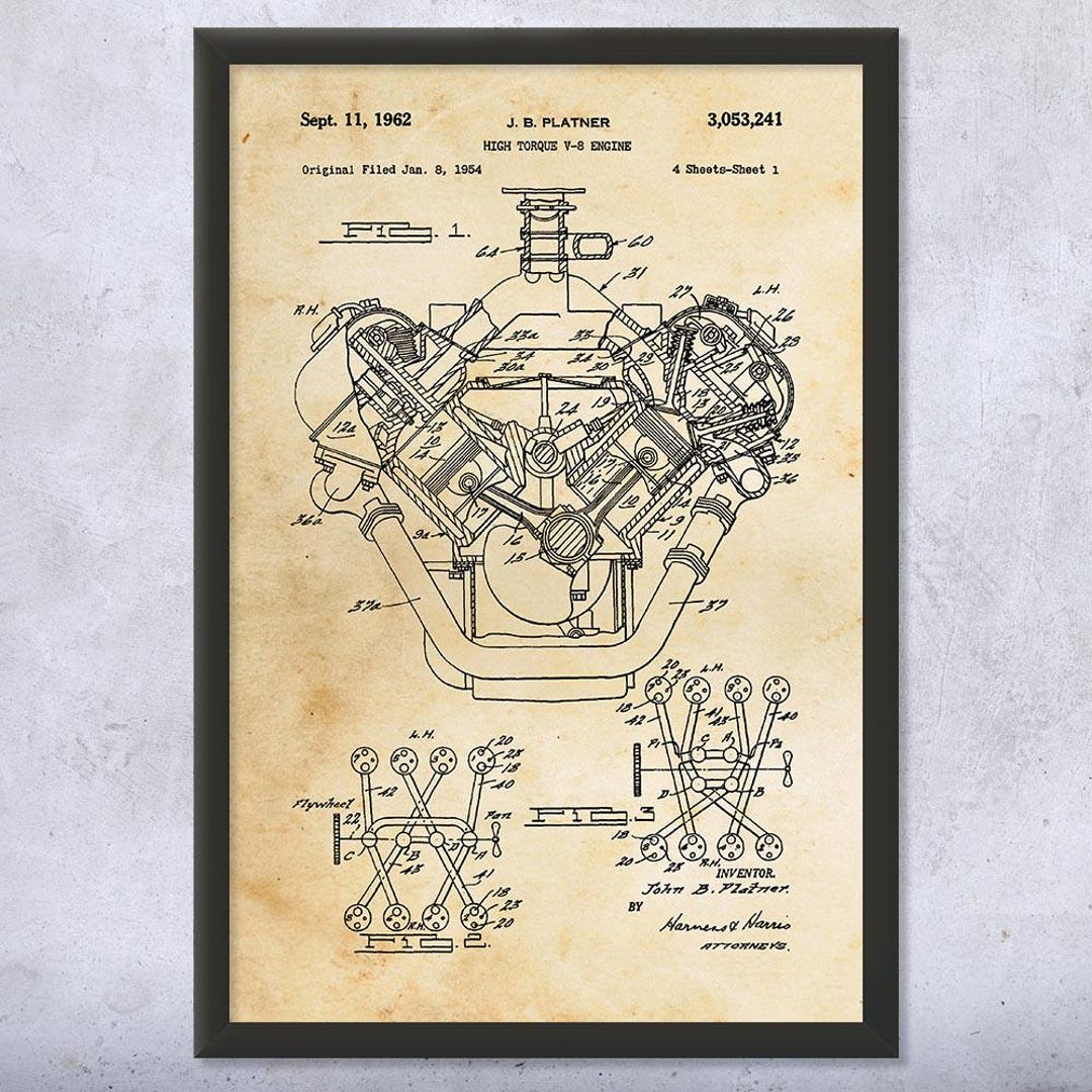 V8 Engine Patent Wall Art | Poster, Canvas or Framed | Muscle Car Art ...